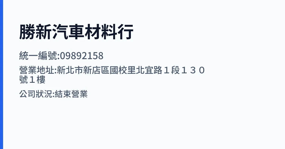 勝新汽車材料行 - 統編 09892158(新北市) 公司登記資料與營業項目詳細圖表
