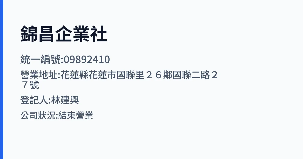 錦昌企業社 - 統編 09892410（花蓮縣） 公司登記資料與營業項目詳細圖表