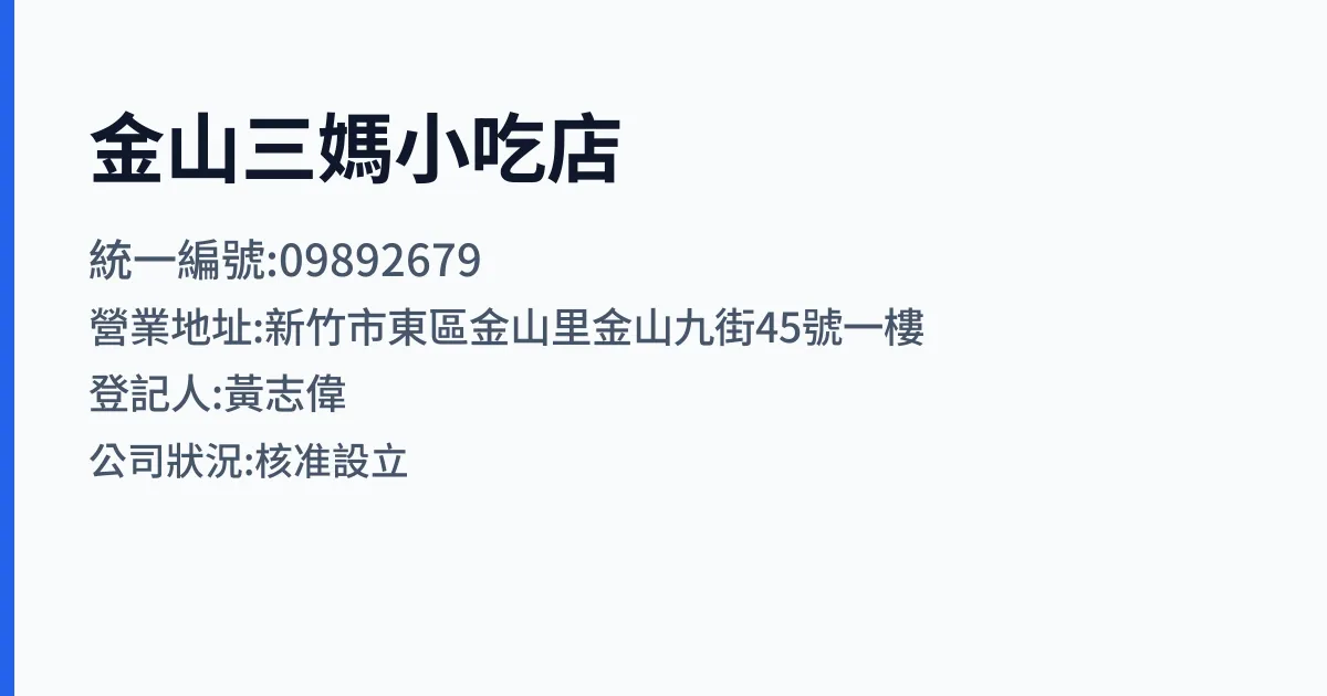 金山三媽小吃店 - 統編 09892679（新竹市） 公司登記資料與營業項目詳細圖表