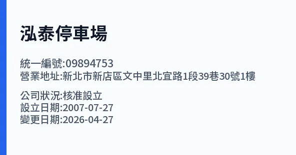 泓泰停車場的照片-統編 09894753(新北市) 公司登記資料與營業項目詳細圖表