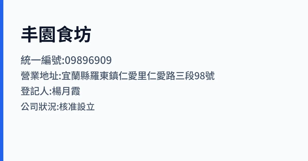 丰園食坊 - 統編 09896909(宜蘭縣) 公司登記資料與營業項目詳細圖表