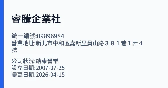 睿騰企業社的照片-統編 09896984(新北市) 公司登記資料與營業項目詳細圖表