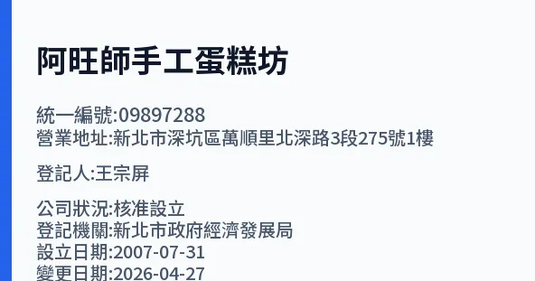 阿旺師手工蛋糕坊的照片-統編 09897288(新北市) 公司登記資料與營業項目詳細圖表
