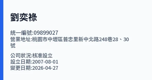 劉奕祿的照片-統編 09899027(桃園市) 公司登記資料與營業項目詳細圖表