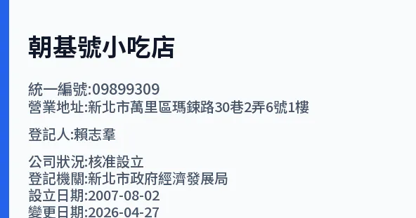 朝基號小吃店的照片-統編 09899309(新北市) 公司登記資料與營業項目詳細圖表