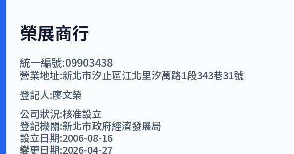 榮展商行的照片-統編 09903438(新北市) 公司登記資料與營業項目詳細圖表