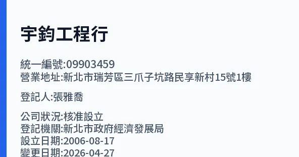 宇鈞工程行的照片-統編 09903459(新北市) 公司登記資料與營業項目詳細圖表