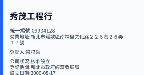 秀茂工程行的照片-統編 09904128(新北市) 公司登記資料與營業項目詳細圖表