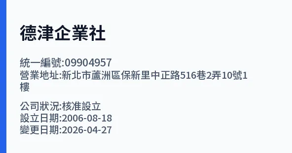 德津企業社的照片-統編 09904957(新北市) 公司登記資料與營業項目詳細圖表