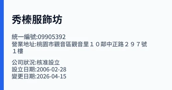 秀榛服飾坊的照片-統編 09905392(桃園市) 公司登記資料與營業項目詳細圖表