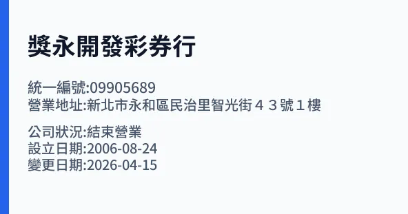 獎永開發彩券行的照片-統編 09905689(新北市) 公司登記資料與營業項目詳細圖表