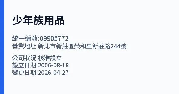 少年族用品的照片-統編 09905772(新北市) 公司登記資料與營業項目詳細圖表