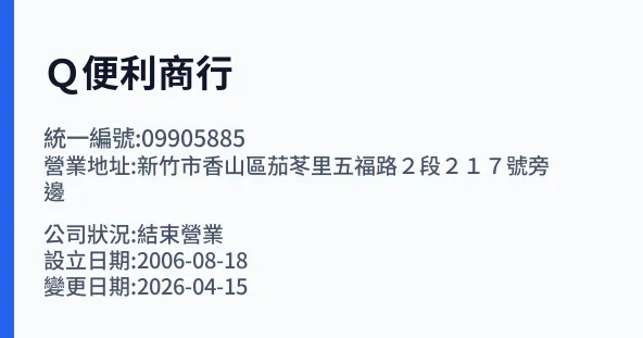 Ｑ便利商行的照片-統編 09905885(新竹市) 公司登記資料與營業項目詳細圖表