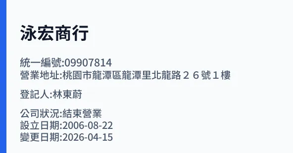 泳宏商行的照片-統編 09907814(桃園市) 公司登記資料與營業項目詳細圖表