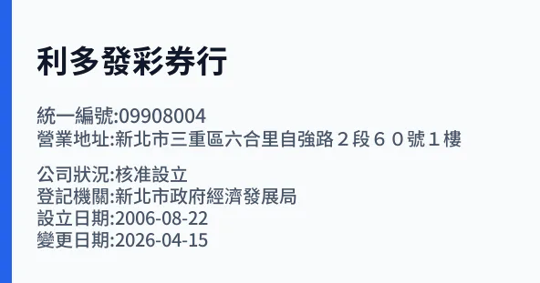 利多發彩券行的照片-統編 09908004(新北市) 公司登記資料與營業項目詳細圖表