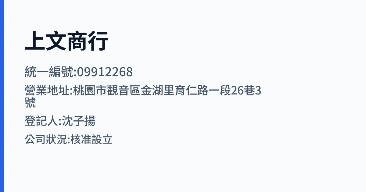 上文商行 - 統編 09912268(桃園市) 公司登記資料與營業項目詳細圖表