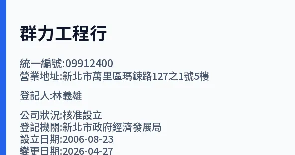 群力工程行的照片-統編 09912400(新北市) 公司登記資料與營業項目詳細圖表