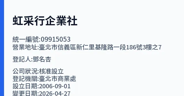 虹采行企業社的照片-統編 09915053(臺北市) 公司登記資料與營業項目詳細圖表