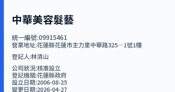 中華美容髮藝的照片-統編 09915461(花蓮縣) 公司登記資料與營業項目詳細圖表