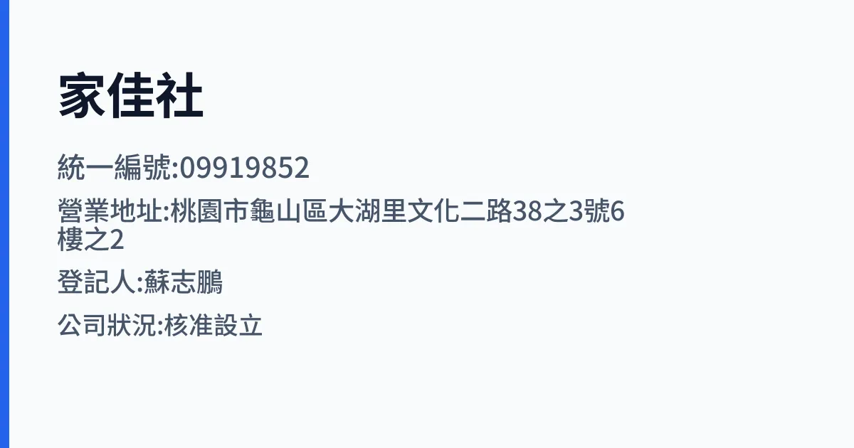 家佳社 - 統編 09919852(桃園市) 公司登記資料與營業項目詳細圖表