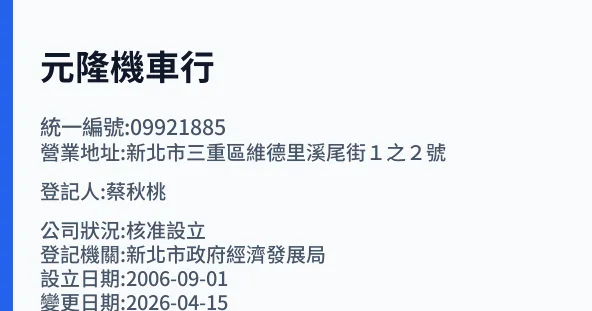 元隆機車行的照片-統編 09921885(新北市) 公司登記資料與營業項目詳細圖表