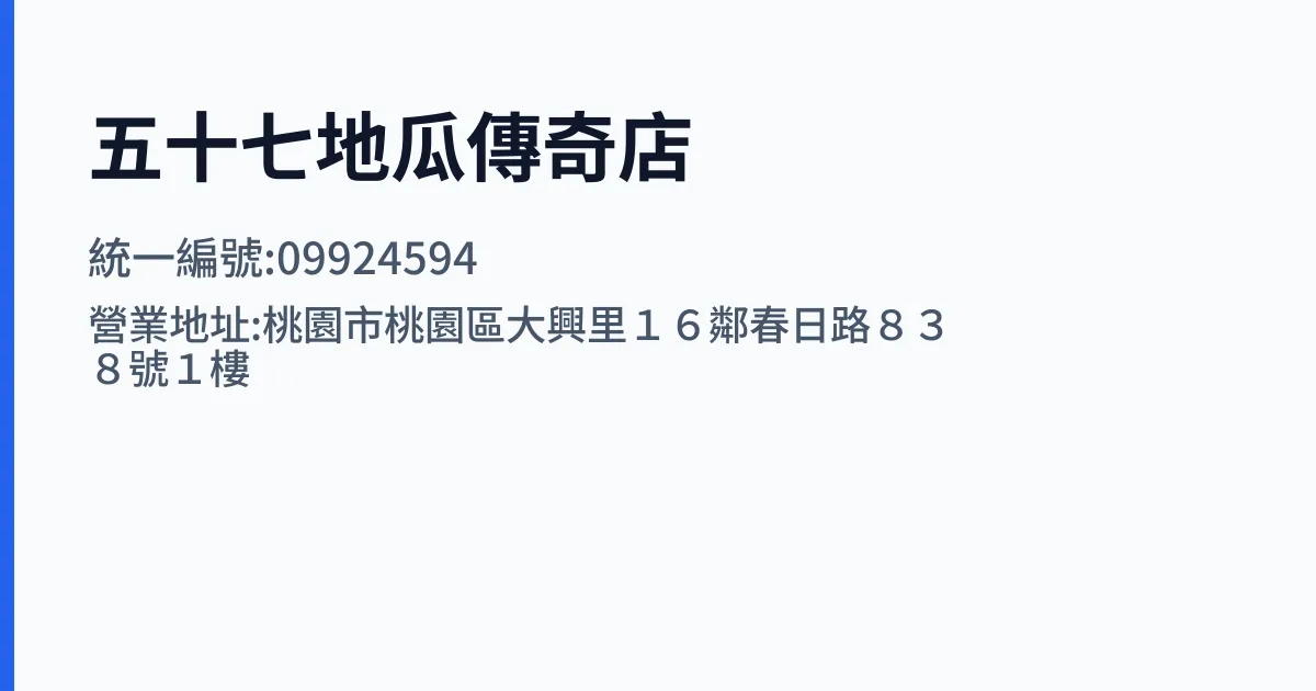 五十七地瓜傳奇店 - 統編 09924594(桃園市) 公司登記資料與營業項目詳細圖表