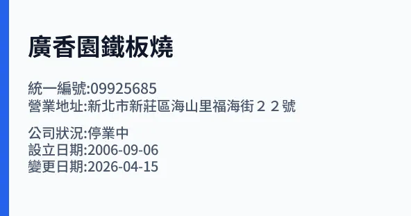 廣香園鐵板燒的照片-統編 09925685(新北市) 公司登記資料與營業項目詳細圖表