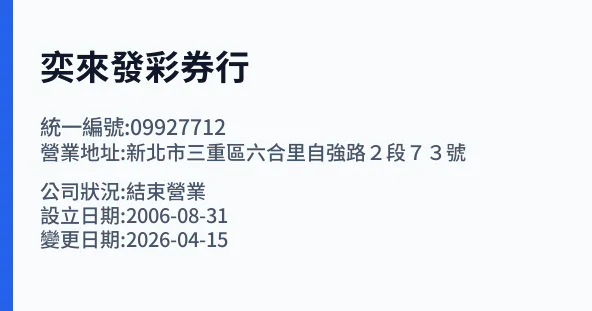 奕來發彩券行的照片-統編 09927712(新北市) 公司登記資料與營業項目詳細圖表