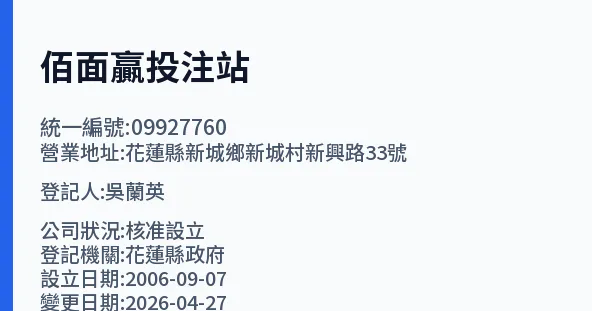 佰面贏投注站的照片-統編 09927760(花蓮縣) 公司登記資料與營業項目詳細圖表
