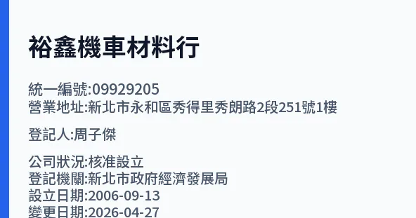 裕鑫機車材料行的照片-統編 09929205(新北市) 公司登記資料與營業項目詳細圖表