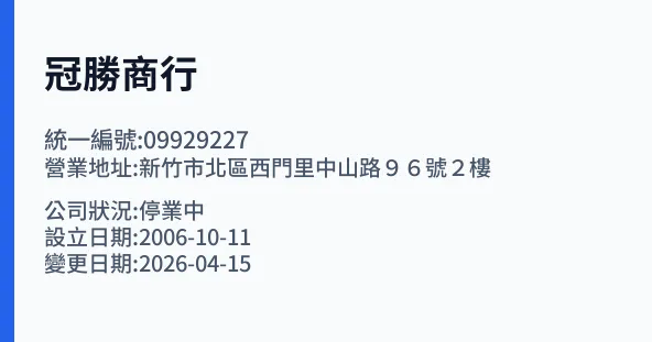 冠勝商行的照片-統編 09929227(新竹市) 公司登記資料與營業項目詳細圖表