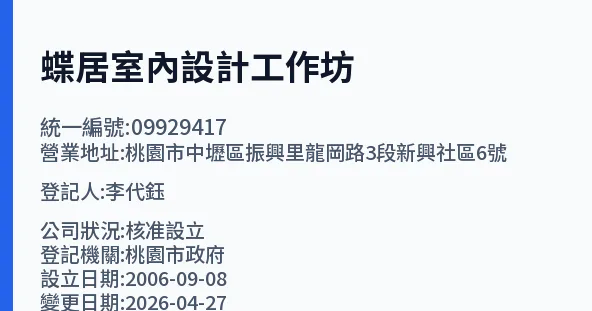 蝶居室內設計工作坊的照片-統編 09929417(桃園市) 公司登記資料與營業項目詳細圖表
