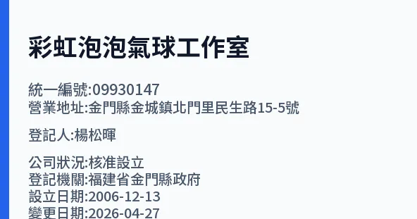 彩虹泡泡氣球工作室的照片-統編 09930147(金門縣) 公司登記資料與營業項目詳細圖表