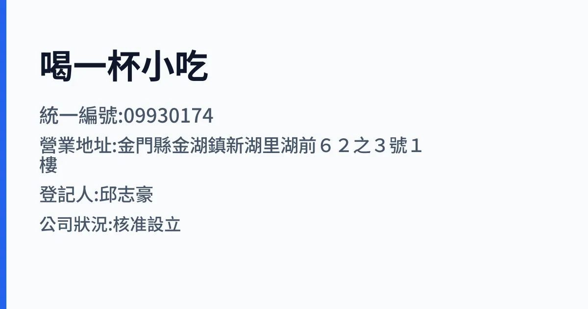 喝一杯小吃 - 統編 09930174(金門縣) 公司登記資料與營業項目詳細圖表