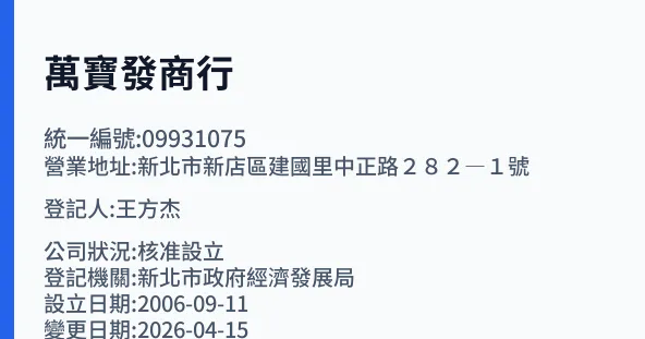 萬寶發商行的照片-統編 09931075(新北市) 公司登記資料與營業項目詳細圖表
