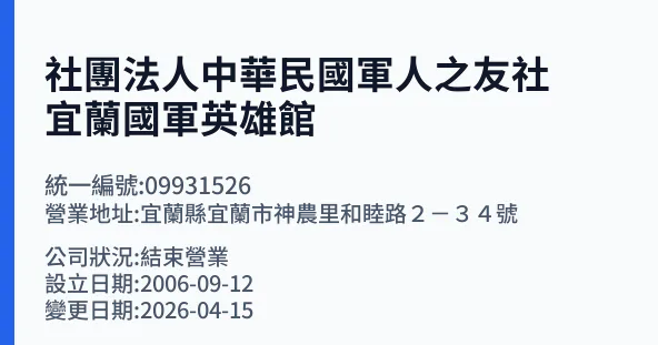 社團法人中華民國軍人之友社宜蘭國軍英雄館的照片-統編 09931526(宜蘭縣) 公司登記資料與營業項目詳細圖表