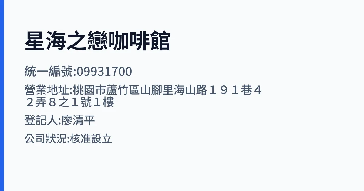 星海之戀咖啡館 - 統編 09931700(桃園市) 公司登記資料與營業項目詳細圖表