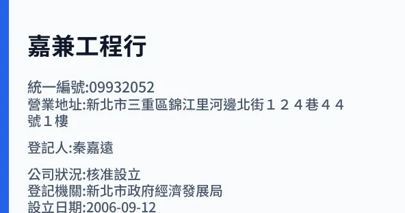 嘉兼工程行的照片-統編 09932052(新北市) 公司登記資料與營業項目詳細圖表