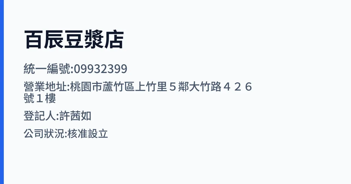 百辰豆漿店 - 統編 09932399(桃園市) 公司登記資料與營業項目詳細圖表