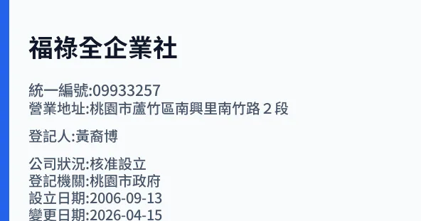 福祿全企業社的照片-統編 09933257(桃園市) 公司登記資料與營業項目詳細圖表