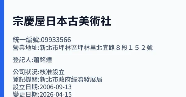宗慶屋日本古美術社的照片-統編 09933566(新北市) 公司登記資料與營業項目詳細圖表