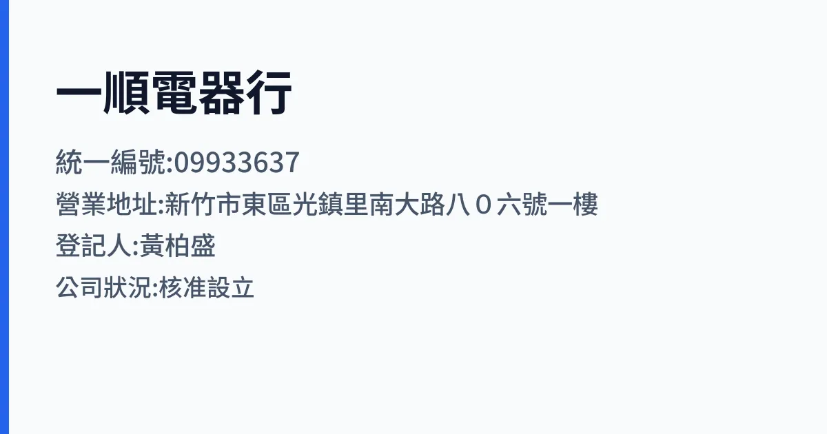 一順電器行 - 統編 09933637(新竹市) 公司登記資料與營業項目詳細圖表