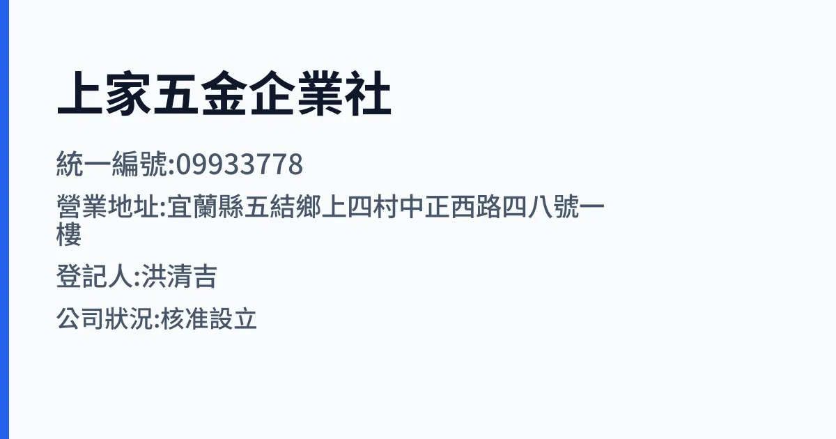 上家五金企業社 - 統編 09933778(宜蘭縣) 公司登記資料與營業項目詳細圖表