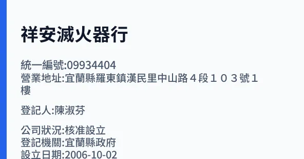 祥安滅火器行的照片-統編 09934404(宜蘭縣) 公司登記資料與營業項目詳細圖表
