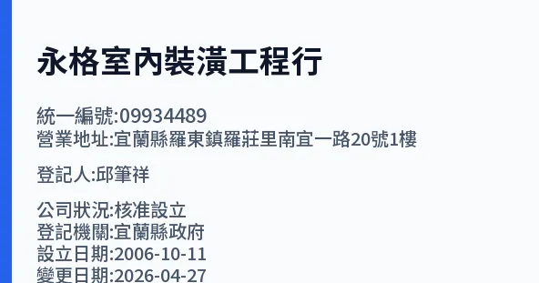 永格室內裝潢工程行的照片-統編 09934489(宜蘭縣) 公司登記資料與營業項目詳細圖表