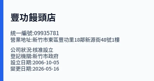 豐功饅頭店的照片-統編 09935781(新竹市) 公司登記資料與營業項目詳細圖表
