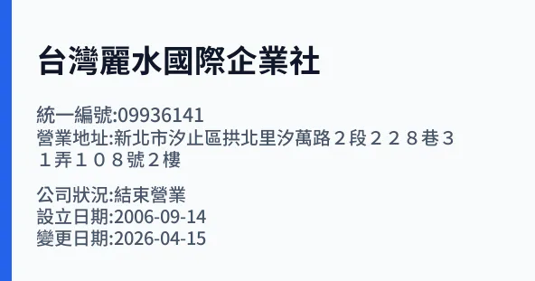 台灣麗水國際企業社的照片-統編 09936141(新北市) 公司登記資料與營業項目詳細圖表