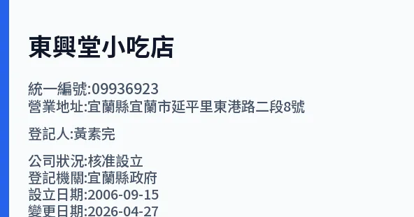 東興堂小吃店的照片-統編 09936923(宜蘭縣) 公司登記資料與營業項目詳細圖表
