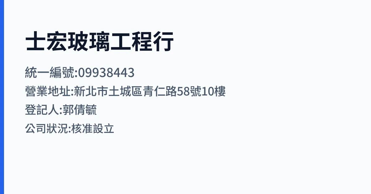士宏玻璃工程行 - 統編 09938443(新北市) 公司登記資料與營業項目詳細圖表