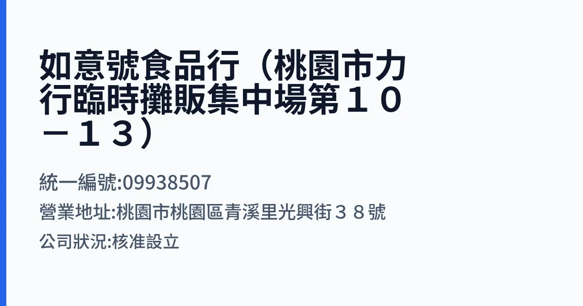 如意號食品行（桃園市力行臨時攤販集中場第１０－１３） - 統編 09938507(桃園市) 公司登記資料與營業項目詳細圖表
